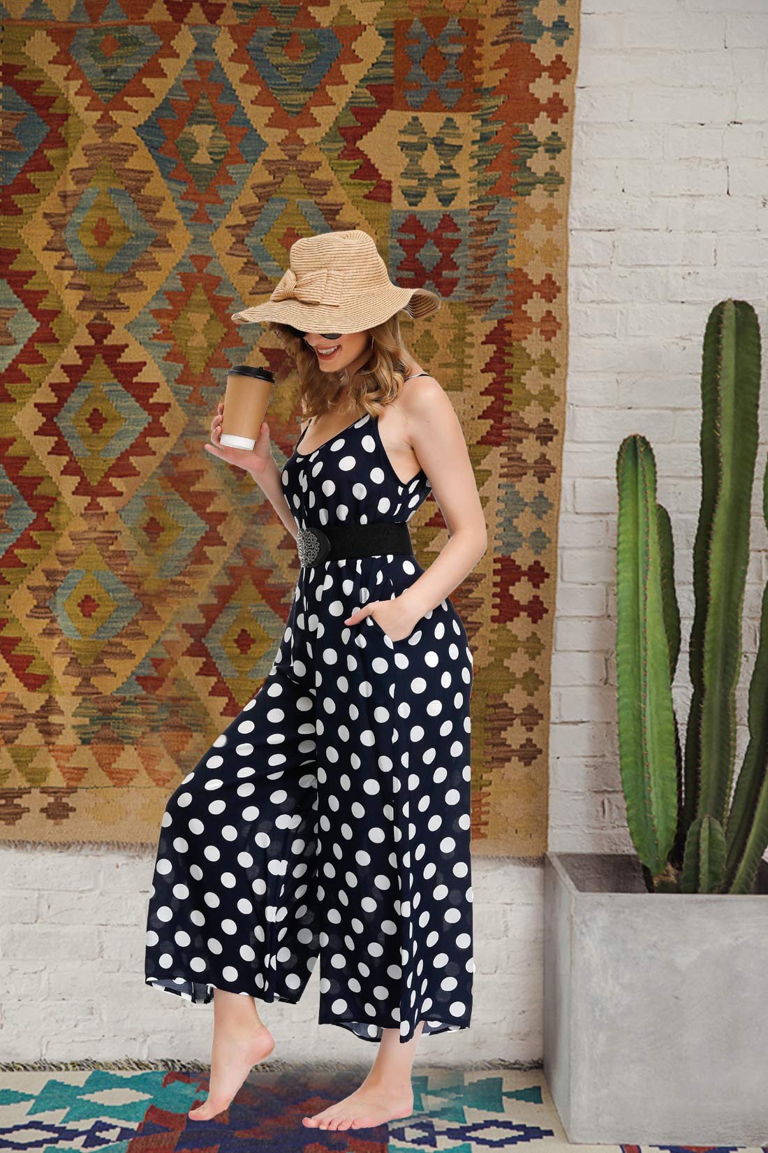 wexcen Womens Floral Printed Jumpsuits Casual Sleeveless Spaghetti Strap Rompers Wide Leg Pants with Two Pockets (Polka dot, XXL)