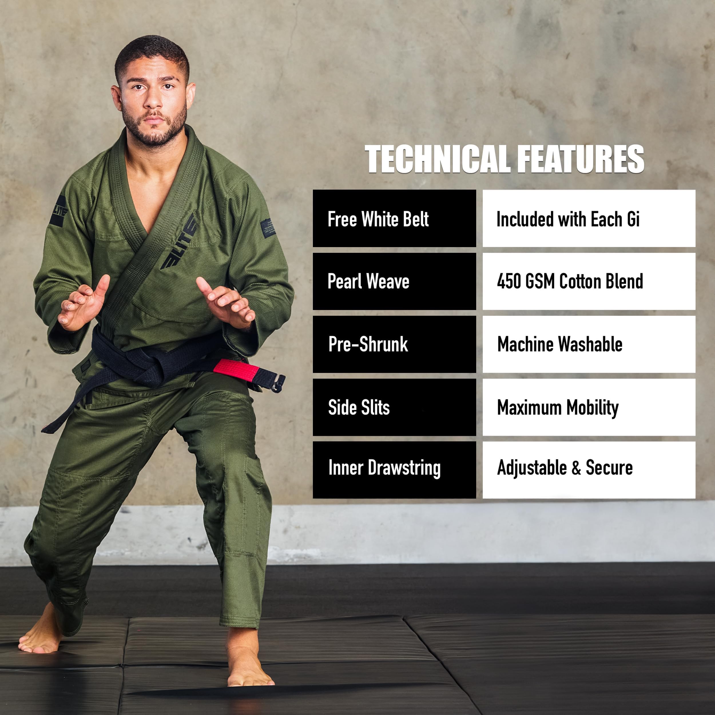 Elite Sports Bjj Gi for Men - Brazilian Jiu Jitsu Gi - Preshrunk sweat wicking Fabric - Machine washable - Free white Belt