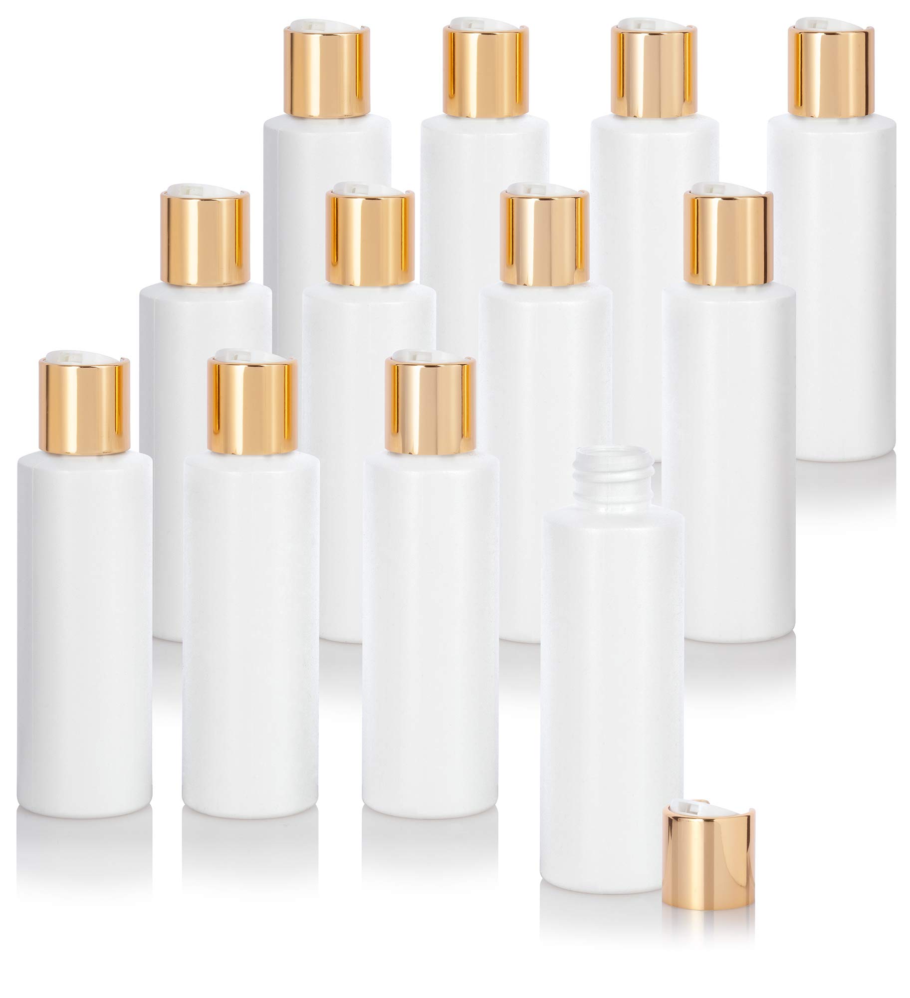 JUVITUS 4 oz / 120 ml White Plastic HDPE Refillable Cylinder Squeeze Bottle with Gold Disc Cap (12 Pack)