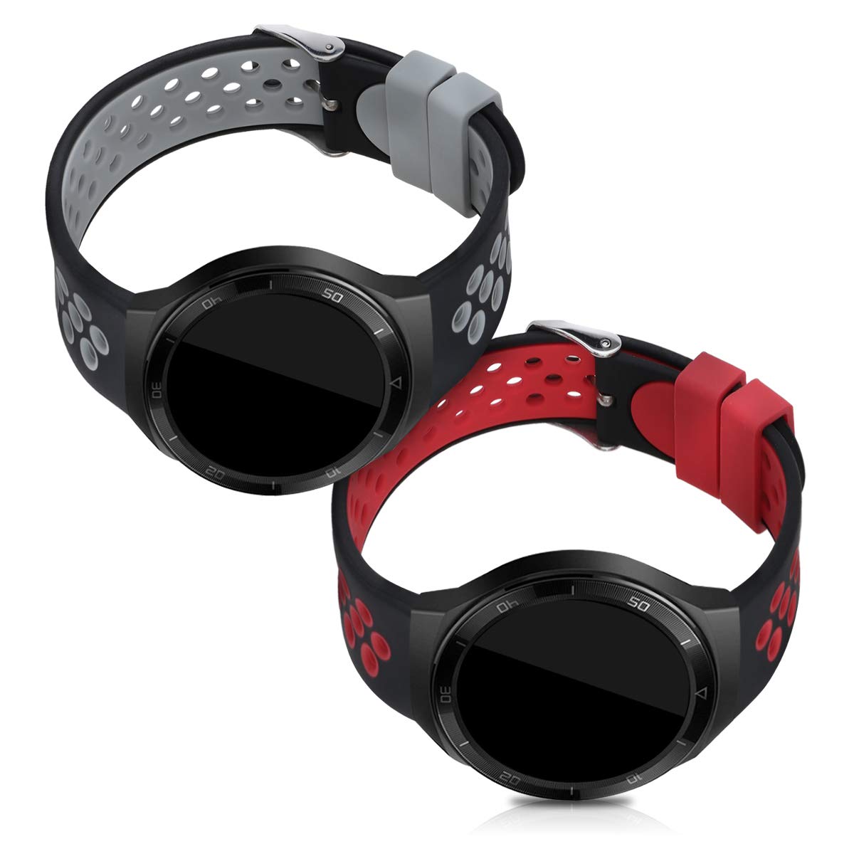 kwmobile Straps Compatible with Huawei Watch GT 2e Straps - 2x Replacement Silicone Watch Bands - Black/Red/Black/Grey
