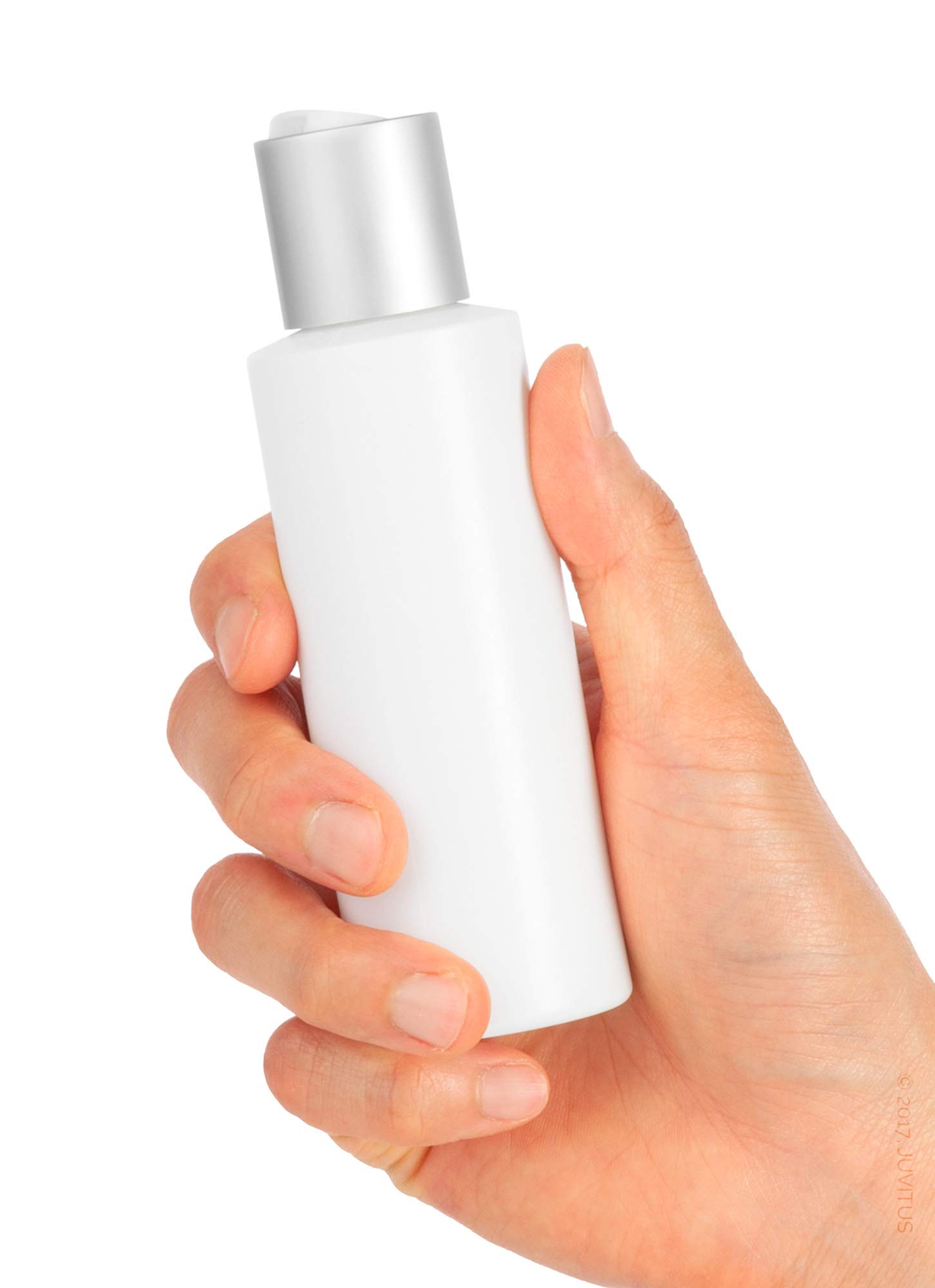 JUVITUS 4 oz / 120 ml White Plastic HDPE Refillable Cylinder Squeeze Bottle with Silver Disc Cap (6 Pack)