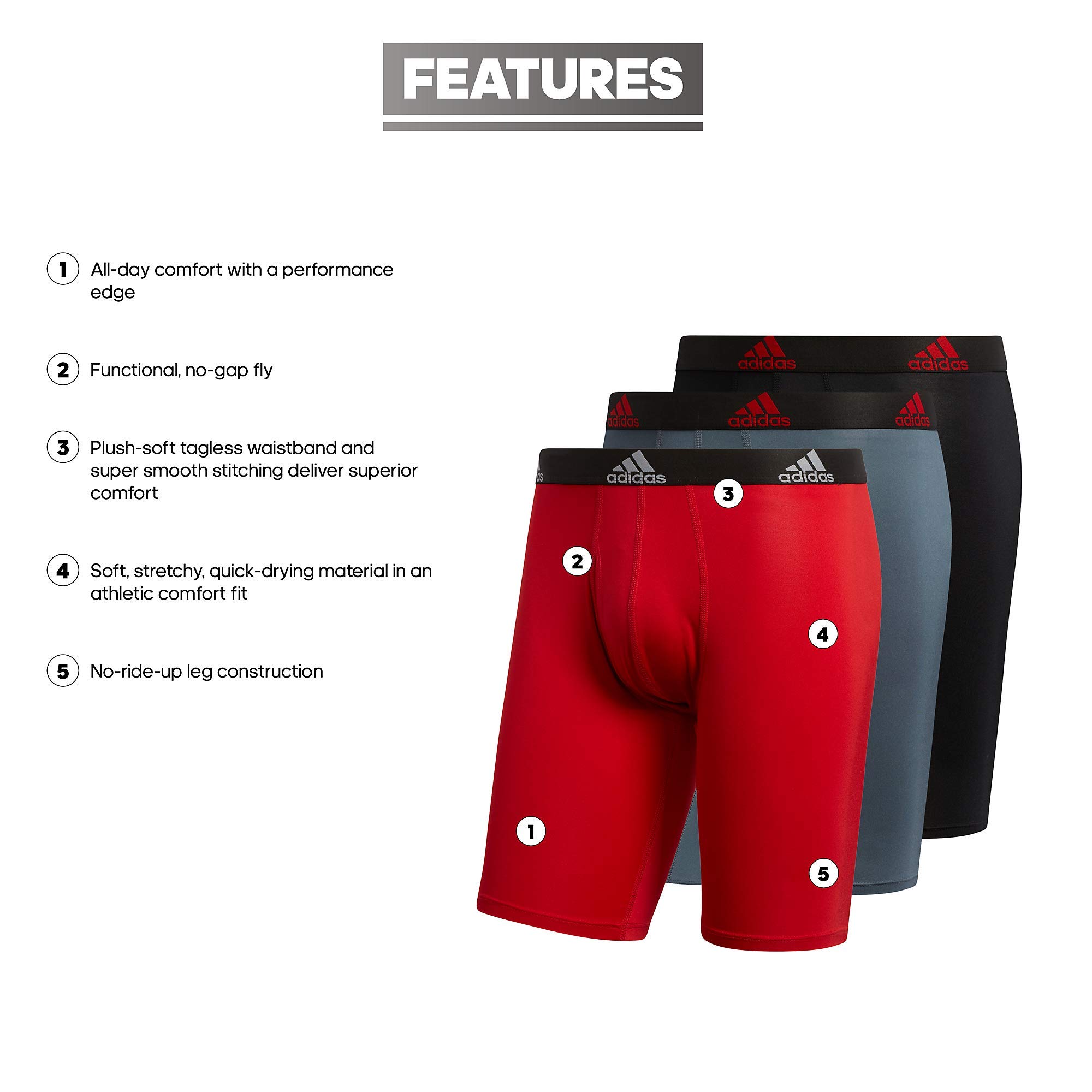 adidas 3-Pack Brief, Boxer Briefs-3-Pack Long Men's Underwear Pack, Scarlet Red/Black/Onix Grey/Performance, Large