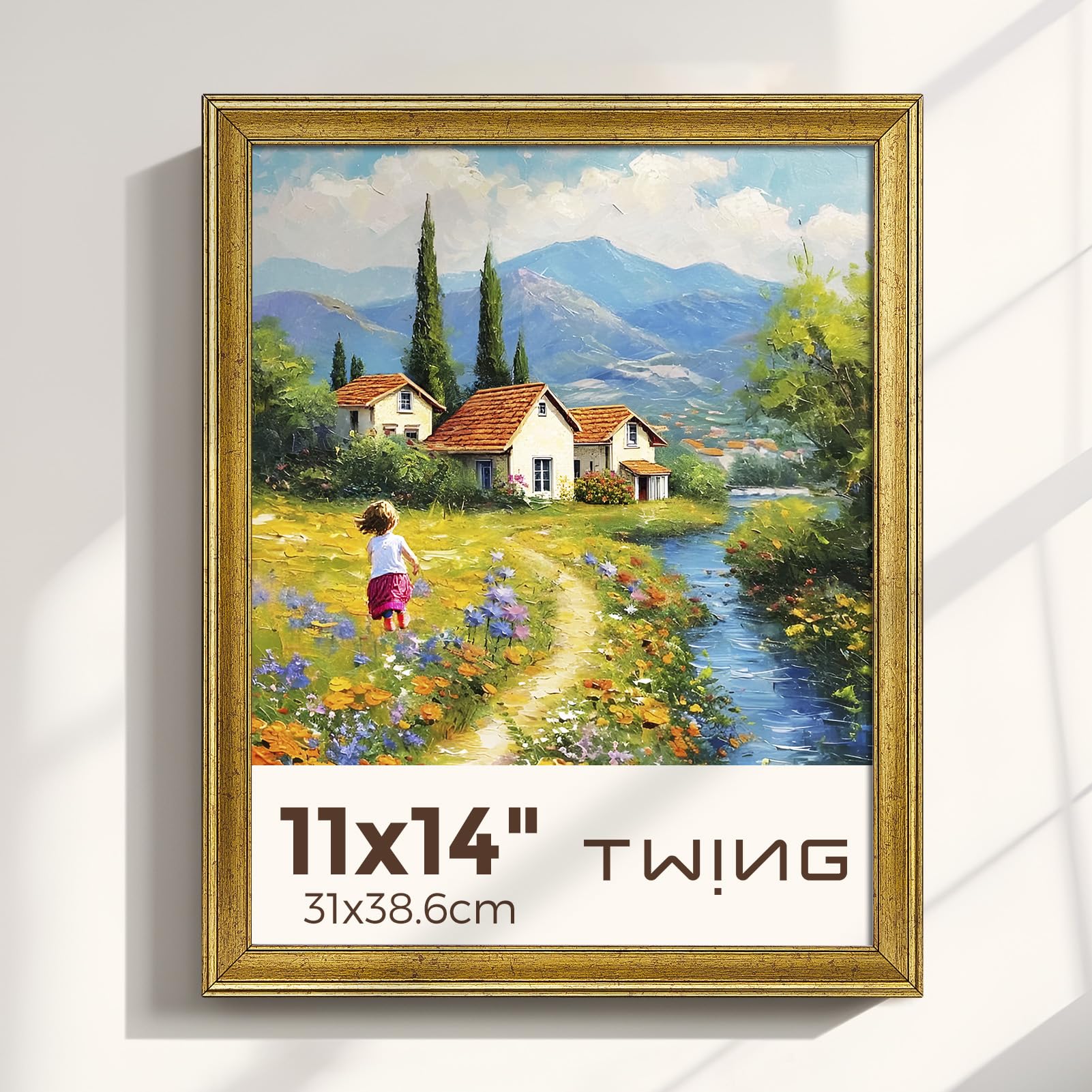 TWING 11x14 Gold Picture Frames Displays 8x10 Photo Frame with Mat or 11x14 Without Mat,Rustic Gold Photo Frame Collage for Wall Decor Mounting or Table Display, Ideal to Family and Friends