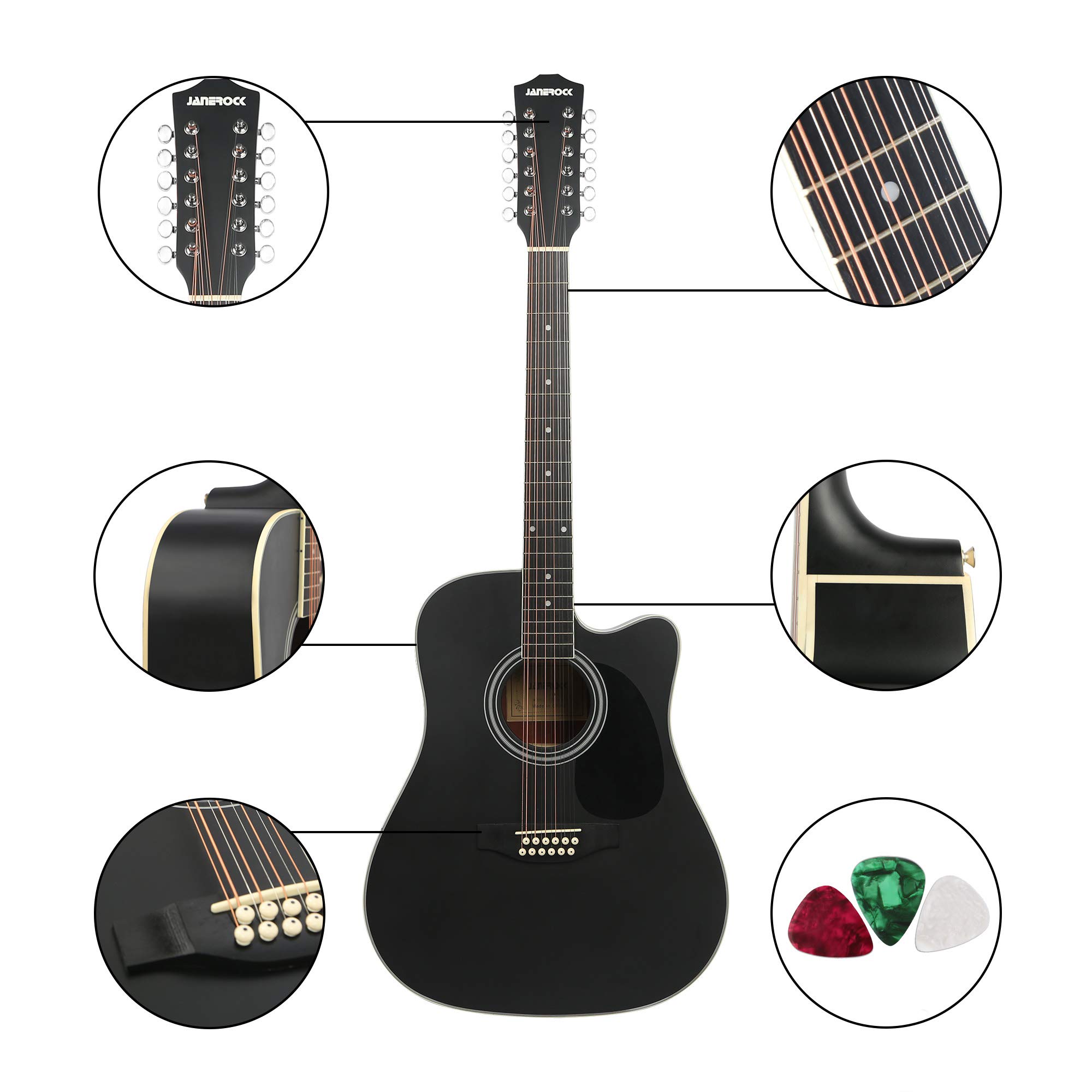 12 String Acoustic Guitar Cutaway,Adjustable Truss Rod Full Size Bundle with Gig Bag,Tuner,Strings,Strap, Picks, Black By Janerock