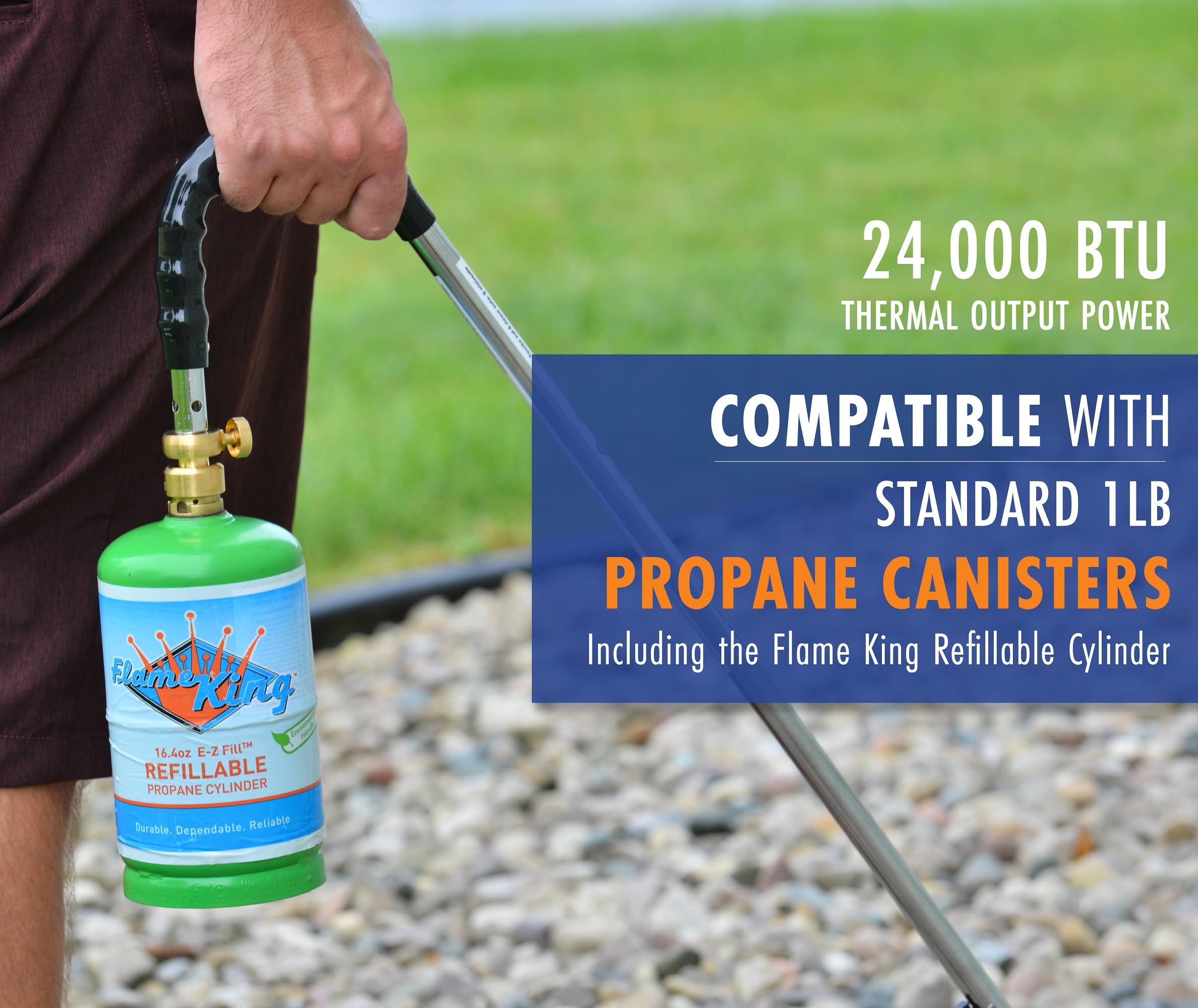 Flame King Propane Torch Weed Burner, 24000 BTU + Empty Refillable 1LB Empty Propane Cylinder Tank - Reusable - Safe and Legal Refill Option - DOT Compliant - 16.4 oz, Green