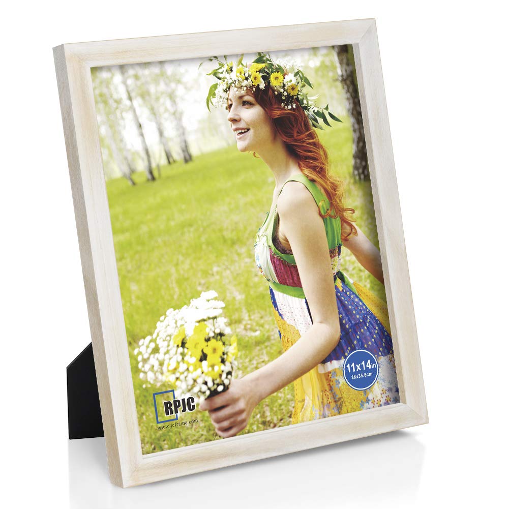 RPJC 11x14 inch Photo Frame Made of Solid Wood High Definition Glass Display Pictures for Wall Mounting Picture Frame with Stand Rustic White