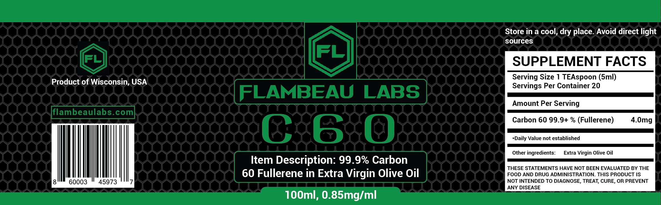 Flambeau Labs C60 Liquid 99.9%+| 100ml Carbon 60 in Olive Oil | 0.85mg/ml Carbon 60 |