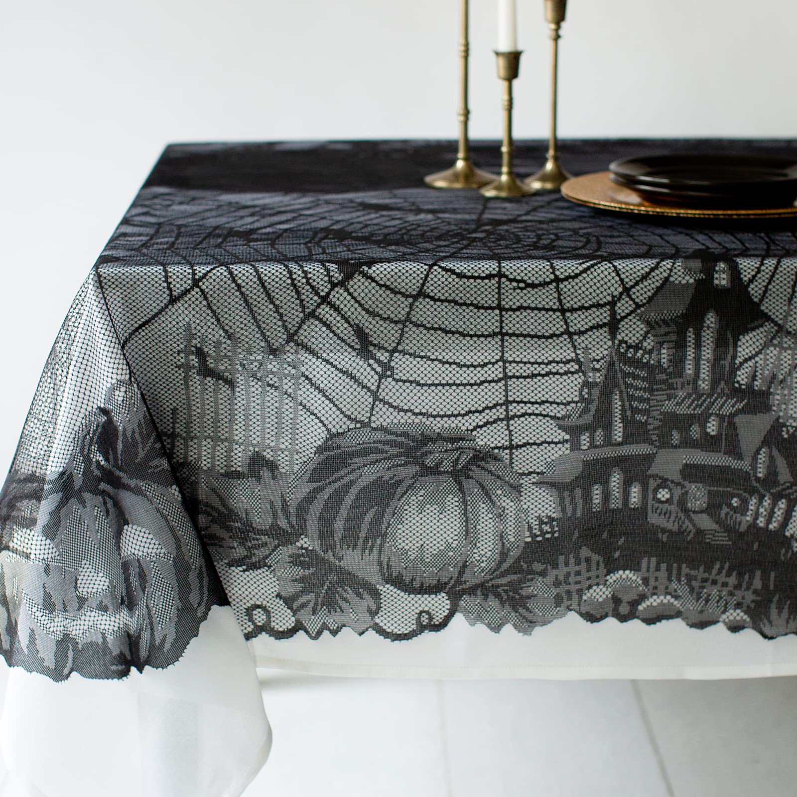 Benson Mills Halloween Fabric Tablecloth, Halloween Table Cloth for Dinners and Parties (Spooky Spirits Web Lace, 60" x 104" Rectangular)