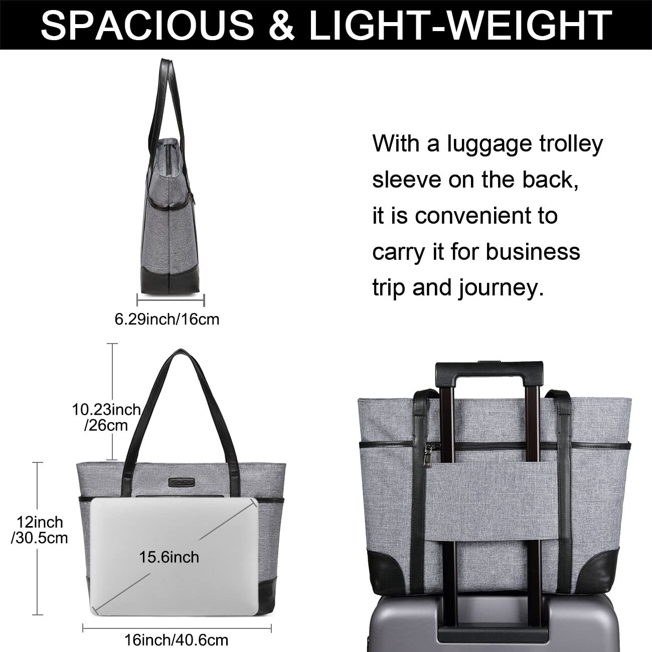 Laptop Bag for Women,ChaseChic Waterproof Classic Teacher's Tote Bag 15.6in Computer Work Bags for Women with Luggage Strap(Charcoal Gray)