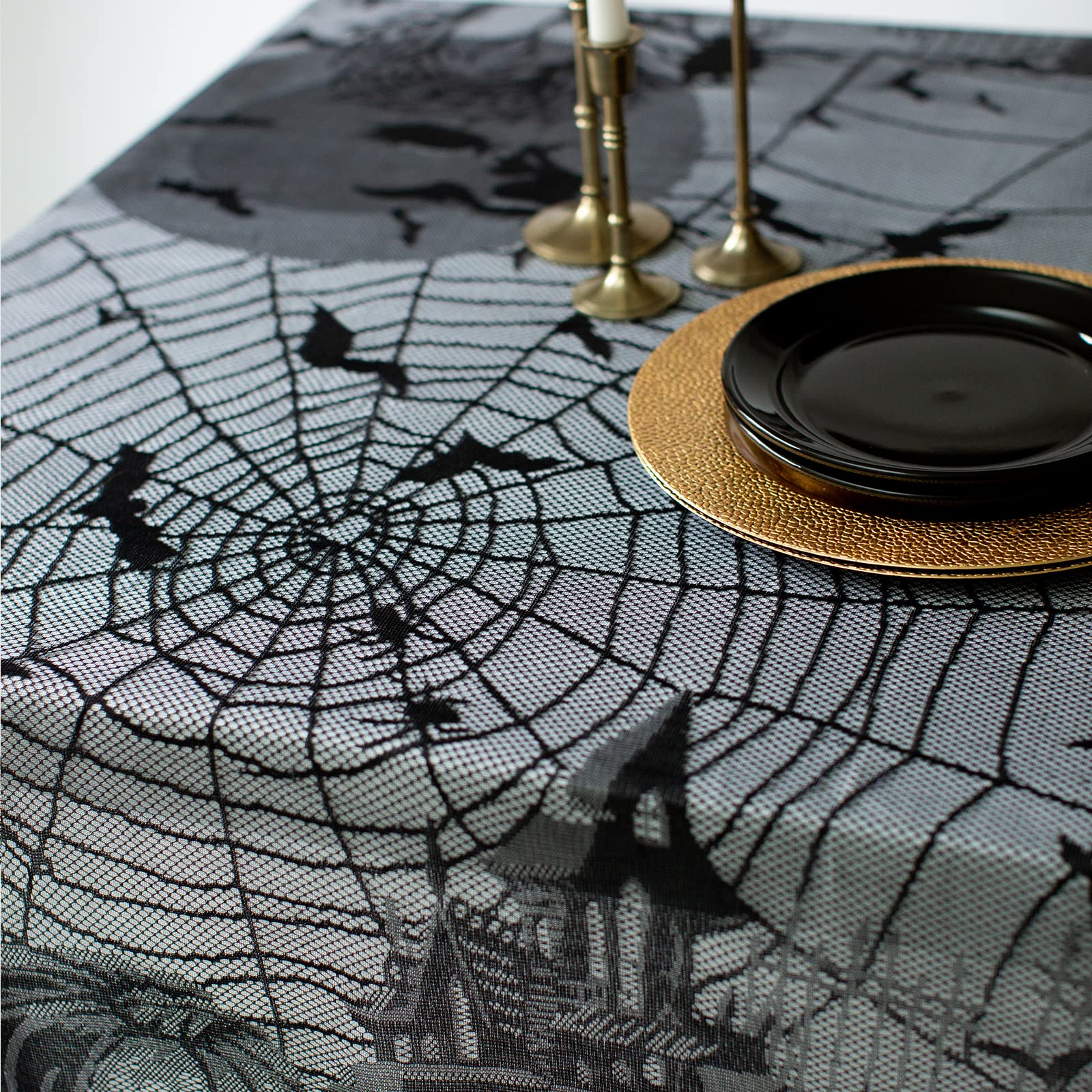 Benson Mills Halloween Fabric Tablecloth, Halloween Table Cloth for Dinners and Parties (Spooky Spirits Web Lace, 60" x 104" Rectangular)