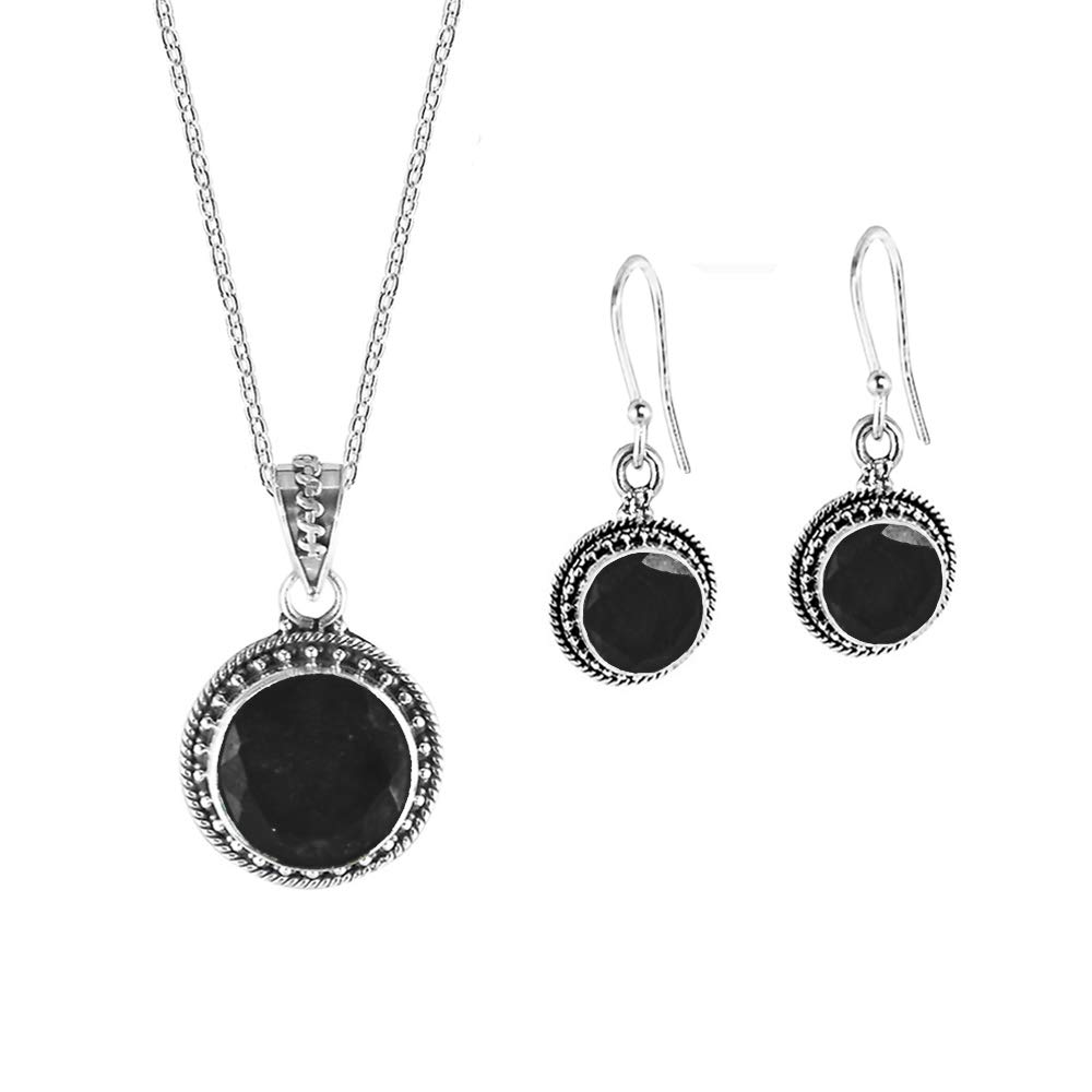Sivalya AURORA Black Onyx Necklace and Earring Set in Solid Silver - Jewelry Set for Women in 925 Sterling Silver - Natural Teardrop Black Onyx Stones black Gemstone Jewelry- Gift Packaging Included