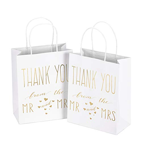 LaRibbons Medium Size Gift Bags - Gold Foil Mr. and Mrs. Thank You White Paper Bags with Handles for Wedding, Bridal Shower, Birthday, Baby Shower, Party Favors - 25 Pack - 8" x 4" x 10"