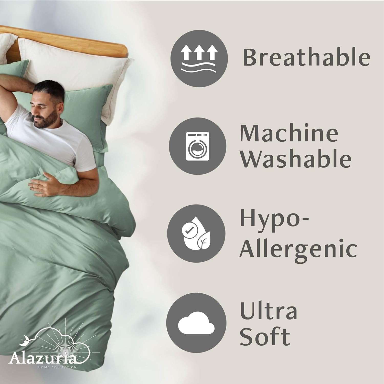 ALAZURIA King Size Duvet Cover - 3 Piece Bedding Set (1 Duvet Cover & 2 Pillow Shams) Soft Double Brushed Comforter Cover w/Zipper Closure & Corner Ties - No Comforter (104" X 90", Sage Green)