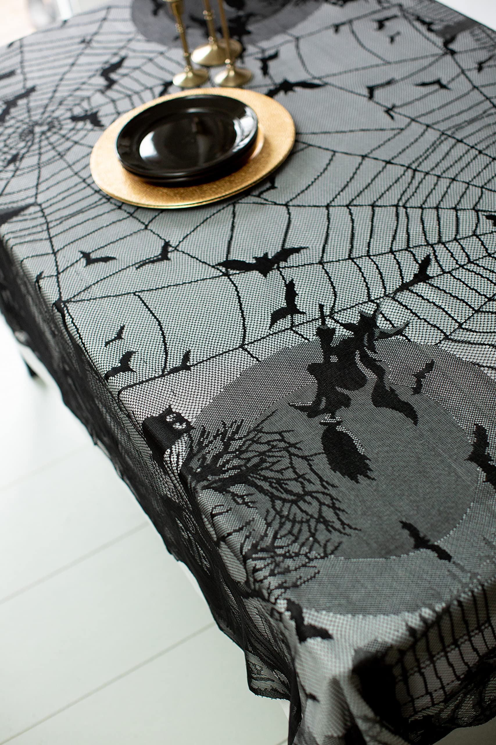 Benson Mills Halloween Fabric Tablecloth, Halloween Table Cloth for Dinners and Parties (Spooky Spirits Web Lace, 60" x 104" Rectangular)