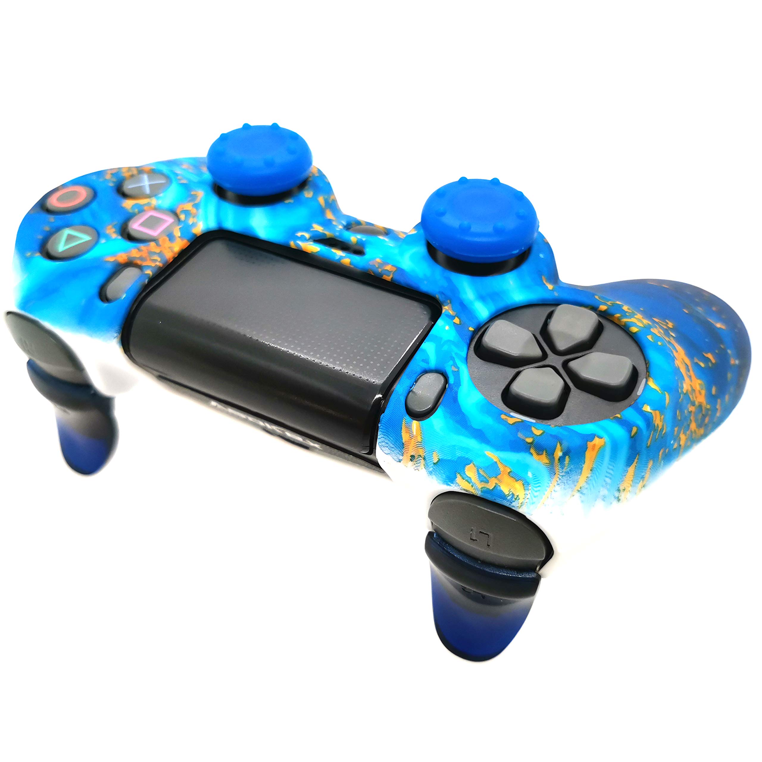 Silicone Skin Cover for Ps4 Controller (1pc Anti-Slip Case, 1 Pair L2 R2 Trigger Extender, 4pcs Thumb Grips,4pcs LED Light Bar Decal) Protector for DualShock PS4/ Slim/Pro Controller (sky blue&yellow)