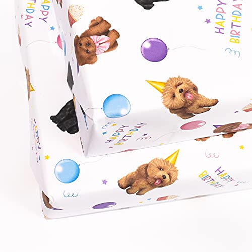 CENTRAL 23 - Happy Birthday Wrapping Paper - Dogs in Hats - 6 Sheets of Birthday Gift Wrap - White Pink and Blue - For Kids - Recyclable