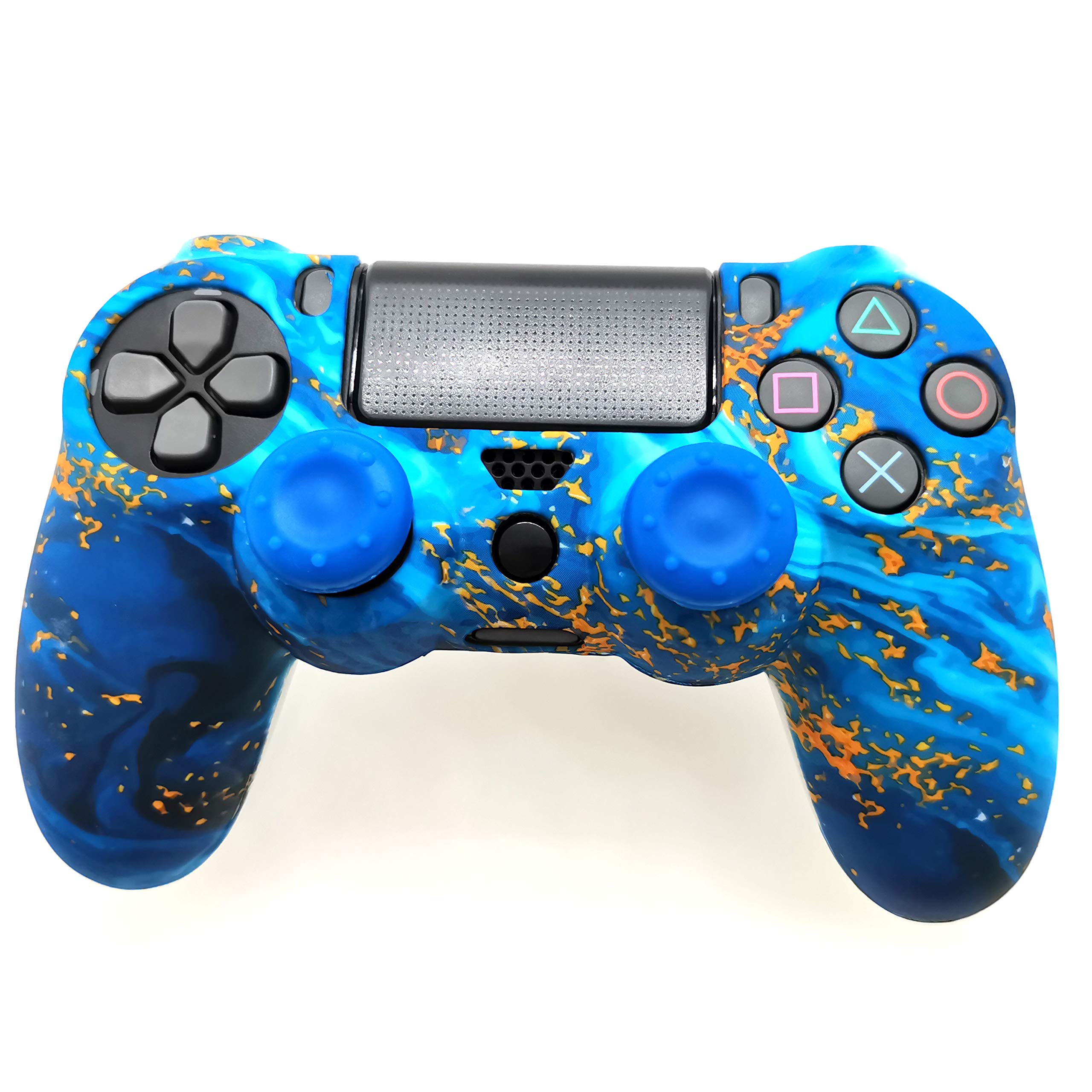 Silicone Skin Cover for Ps4 Controller (1pc Anti-Slip Case, 1 Pair L2 R2 Trigger Extender, 4pcs Thumb Grips,4pcs LED Light Bar Decal) Protector for DualShock PS4/ Slim/Pro Controller (sky blue&yellow)
