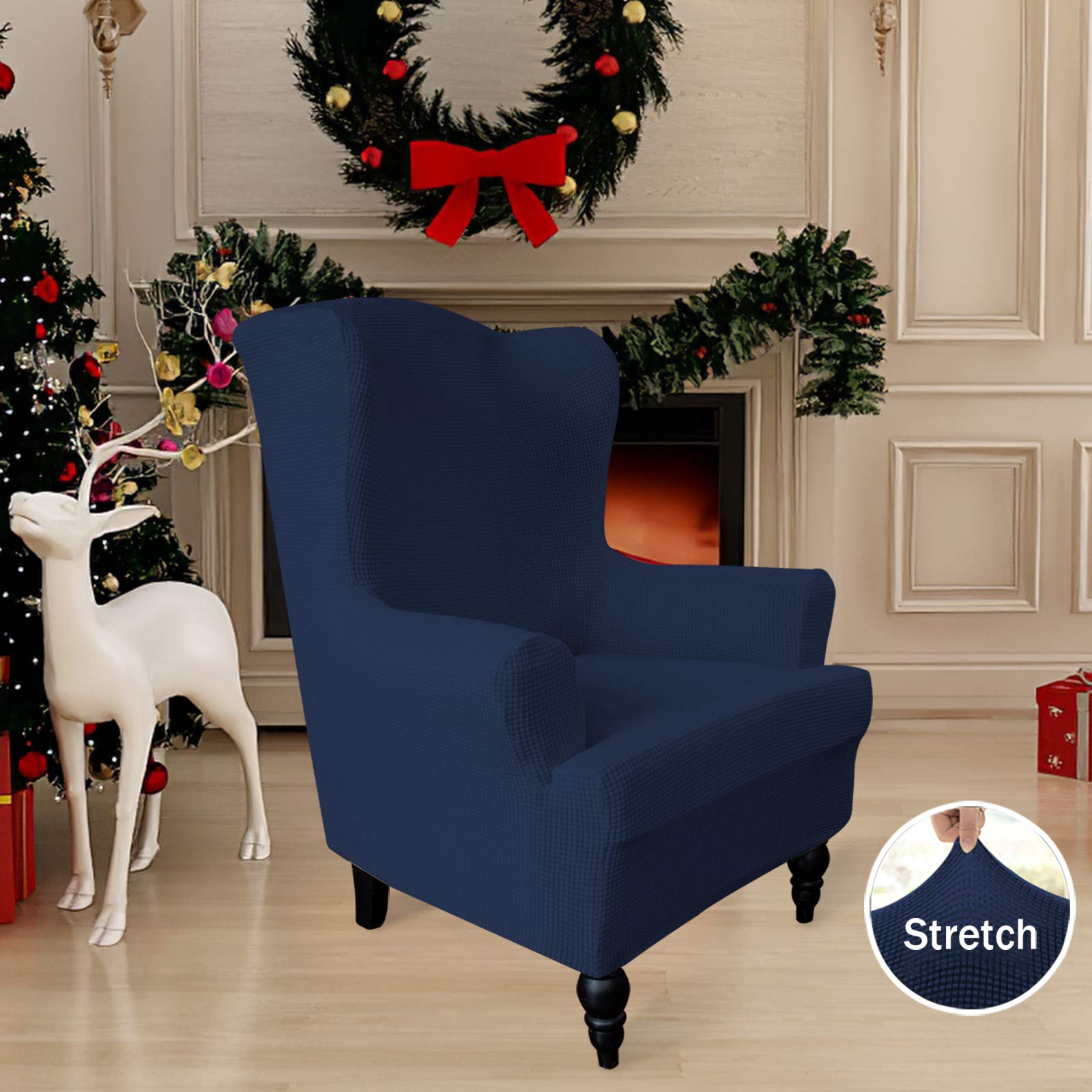 Easy-Going Stretch Wingback Chair Sofa Slipcover 1-Piece Sofa Cover Furniture Protector Couch Soft with Elastic Bottom Polyester Spandex Jacquard Fabric Small Checks(Wing Chair,Navy)