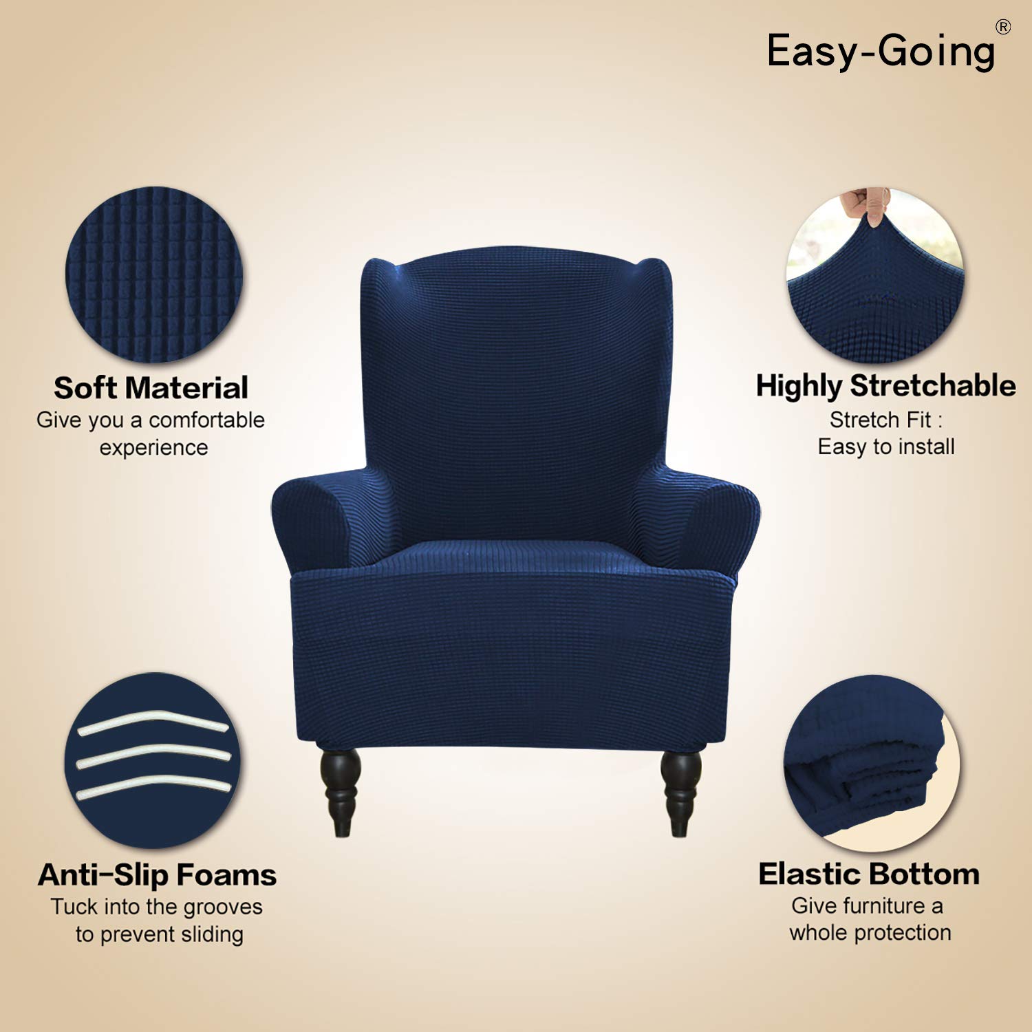 Easy-Going Stretch Wingback Chair Sofa Slipcover 1-Piece Sofa Cover Furniture Protector Couch Soft with Elastic Bottom Polyester Spandex Jacquard Fabric Small Checks(Wing Chair,Navy)
