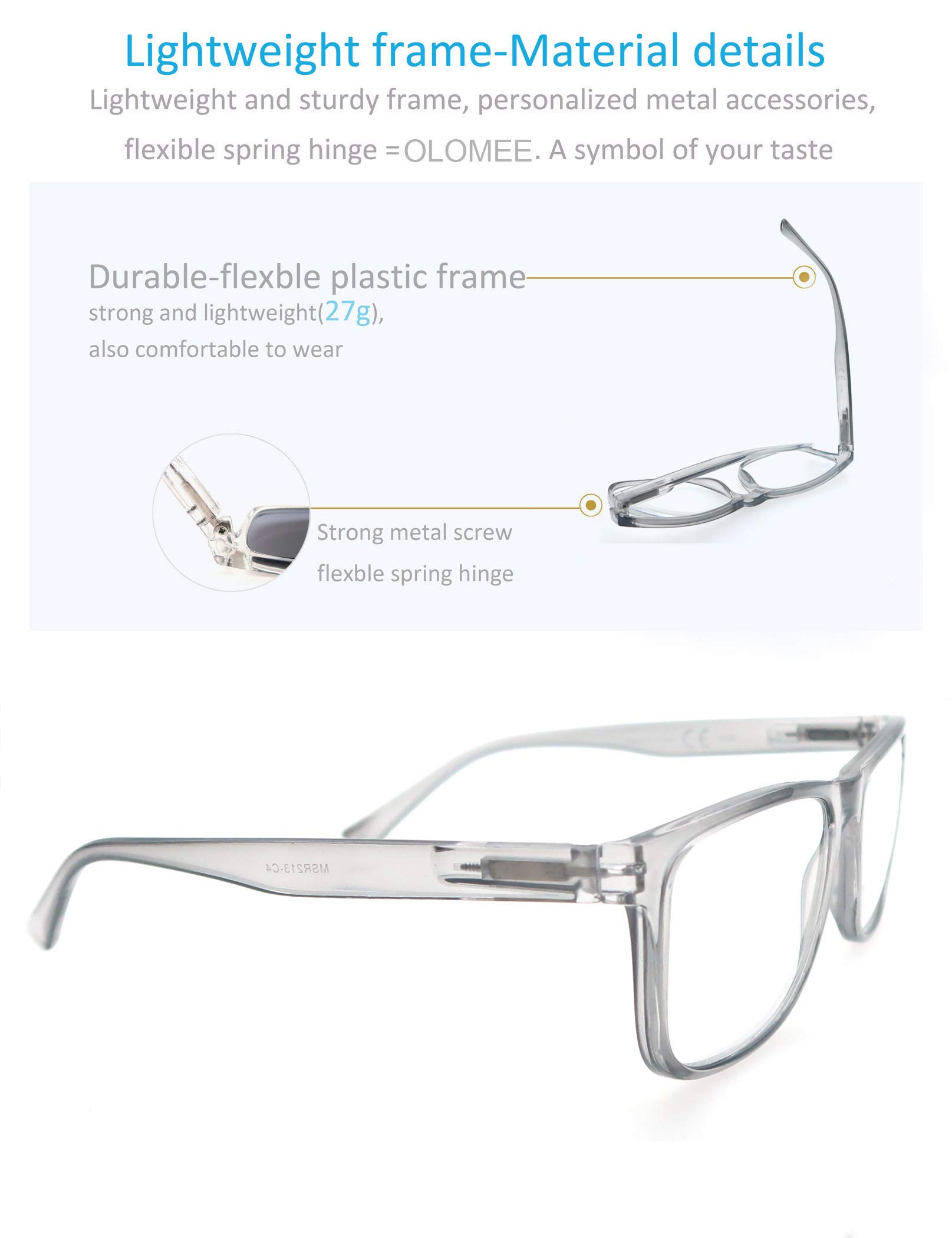 OLOMEE Reading Glasses 2.0 Oversized Large Square Men Readers 4 Pack,Comfort Lightweight Eyeglasses Flexible Spring Hinge
