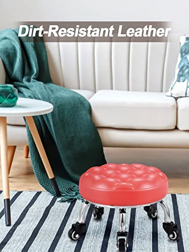Lorvain Low Rolling Stool with Wheels, Roller Seat Short Stool with Universal Swivel Caster Wheels Leather Little Low Small Stools on Wheels for Home Garage to sit on- Mesh Red