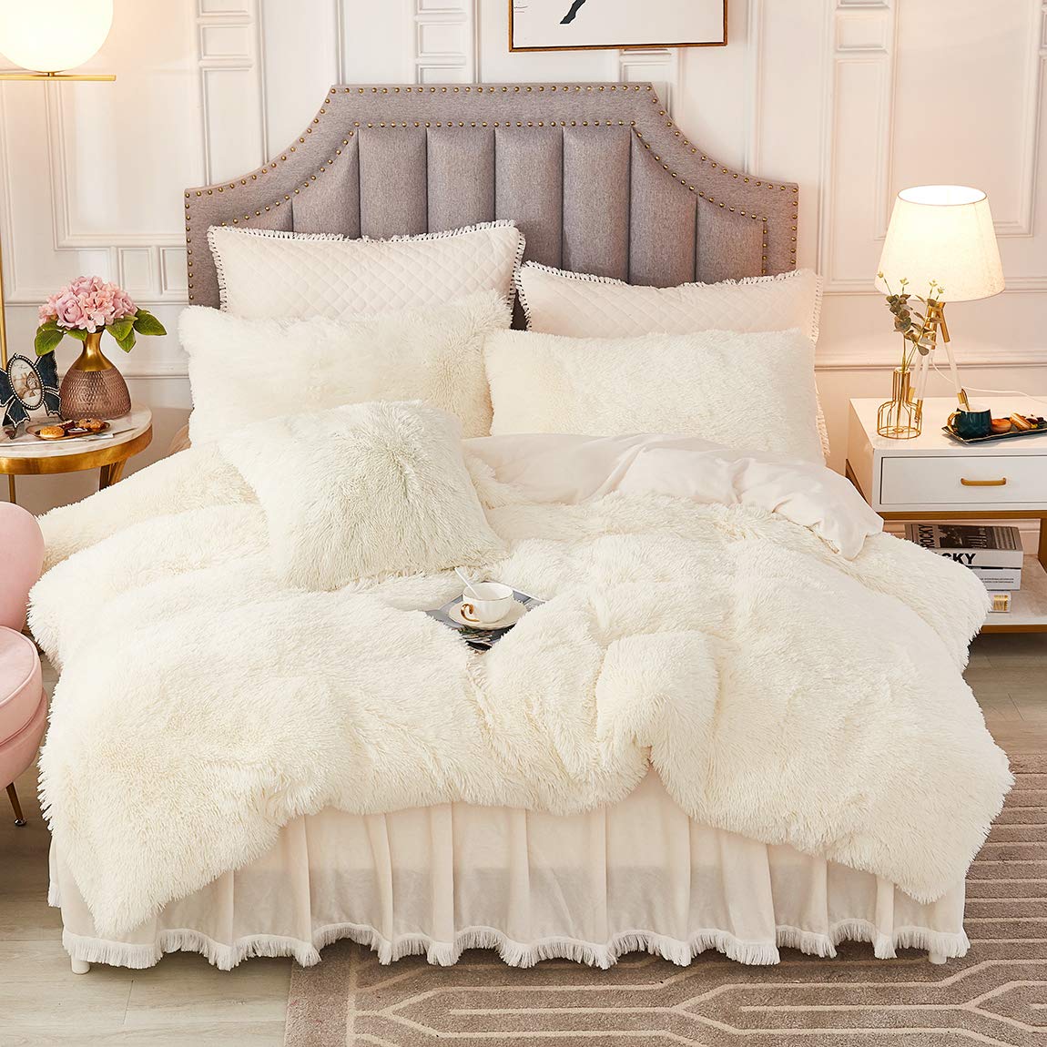 JAUXIO Luxury Long Faux Fur 3 PCS Bedding Set Shaggy Comforter Duvet Cover with Pillow Shams Ultra Soft Crystal Velvet Reverse (Queen, Cream)