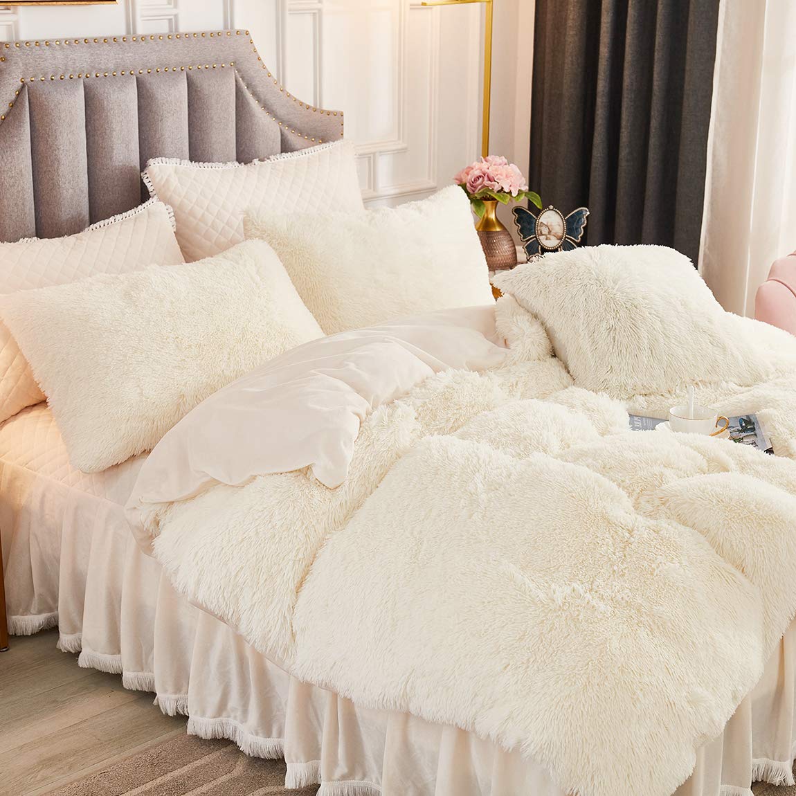 JAUXIO Luxury Long Faux Fur 3 PCS Bedding Set Shaggy Comforter Duvet Cover with Pillow Shams Ultra Soft Crystal Velvet Reverse (Queen, Cream)