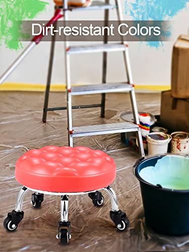 Lorvain Low Rolling Stool with Wheels, Roller Seat Short Stool with Universal Swivel Caster Wheels Leather Little Low Small Stools on Wheels for Home Garage to sit on- Mesh Red
