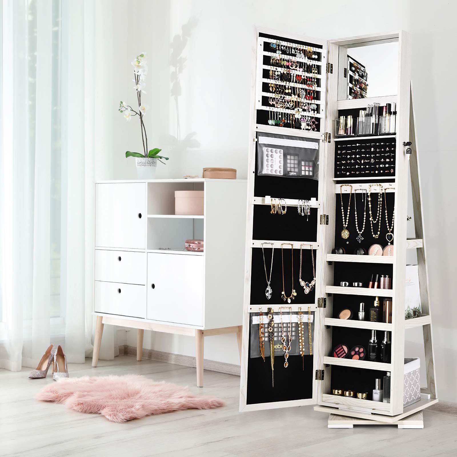 CHARMAID 360° Swivel Jewelry Armoire with Higher Full Length Mirror & Inside Makeup Mirror, Standing Lockable Jewelry Cabinet Organizer, Large Capacity, Back Storage Shelves (Grayish White)