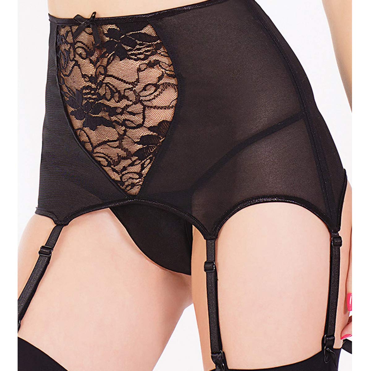 Women's High Waisted Lace Garter Belt w/G-String for Thigh High Stockings Black L