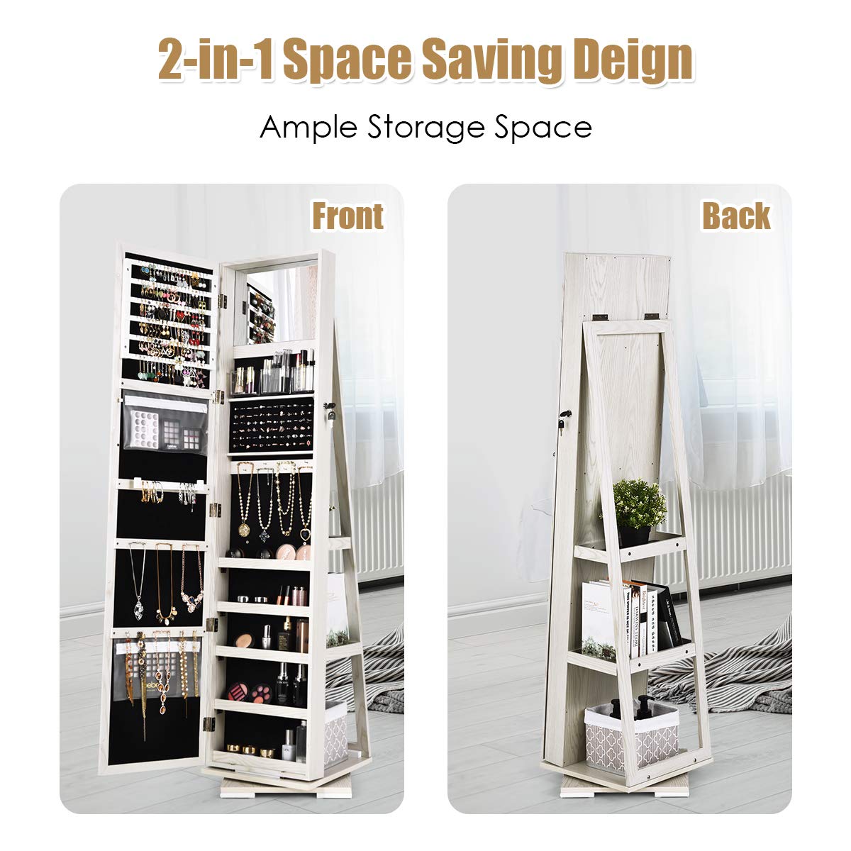 CHARMAID 360° Swivel Jewelry Armoire with Higher Full Length Mirror & Inside Makeup Mirror, Standing Lockable Jewelry Cabinet Organizer, Large Capacity, Back Storage Shelves (Grayish White)