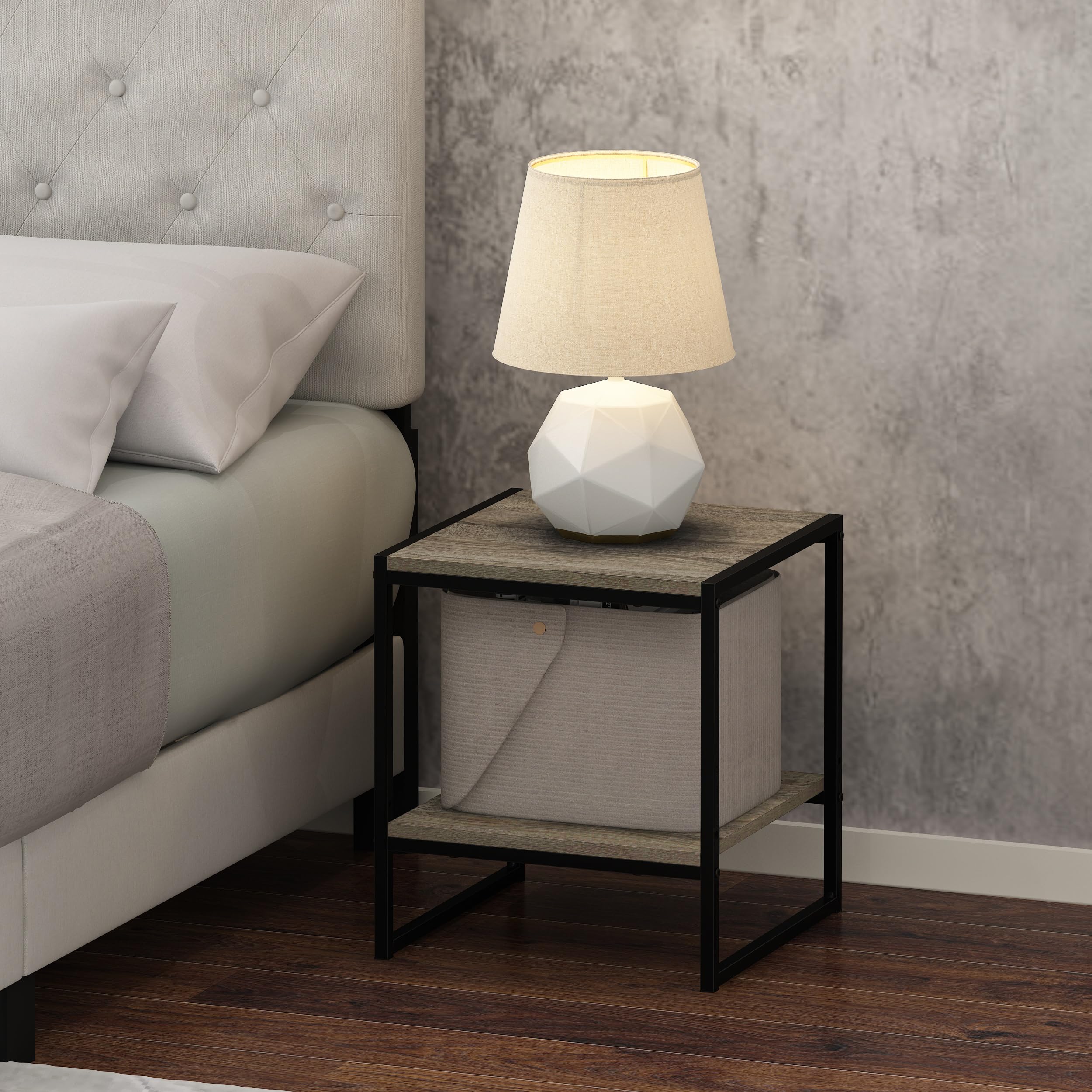 Furinno FM19122GYW Camnus Modern Living 2-Tier End Table, French Oak Grey, 15.9 in x 15.75 in x 18 in