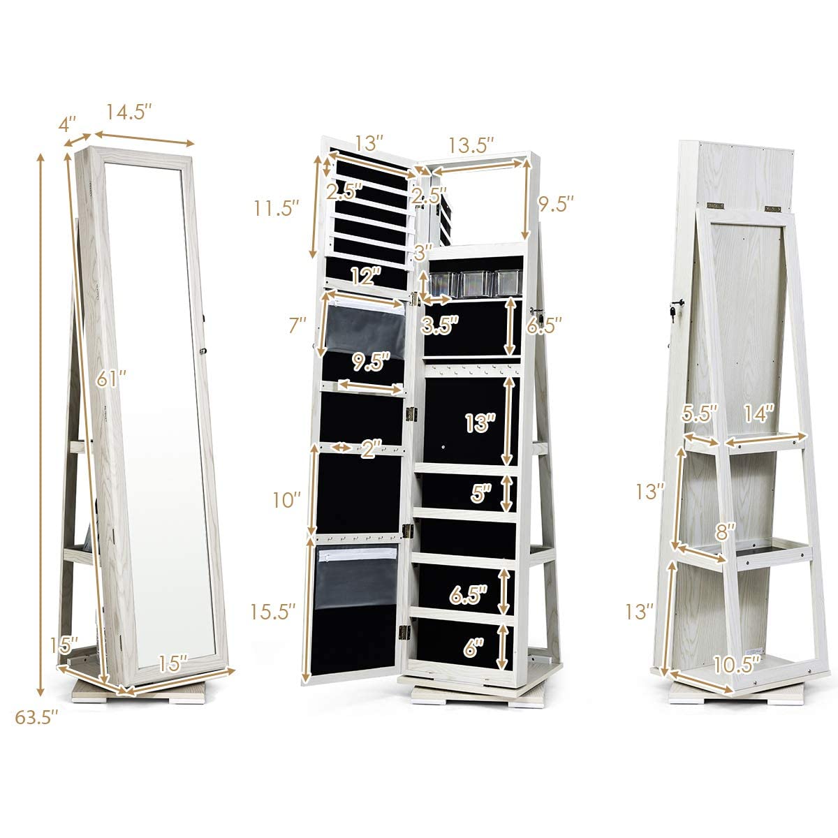 CHARMAID 360° Swivel Jewelry Armoire with Higher Full Length Mirror & Inside Makeup Mirror, Standing Lockable Jewelry Cabinet Organizer, Large Capacity, Back Storage Shelves (Grayish White)