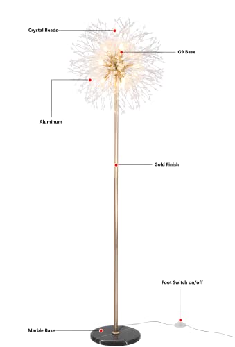 Modern Crystal Floor Lamp, BIGMAII Starburst Firework Floor Lights Sputnik Dandelion LED Standing Lamp 8 Lights with Marble Base in Silver for Living Room Bedroom, 64.5"