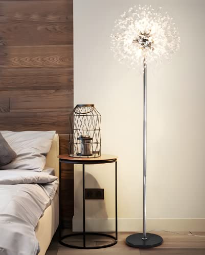 Modern Crystal Floor Lamp, BIGMAII Starburst Firework Floor Lights Sputnik Dandelion LED Standing Lamp 8 Lights with Marble Base in Silver for Living Room Bedroom, 64.5"