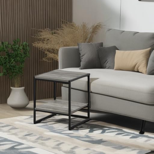 Furinno FM19122GYW Camnus Modern Living 2-Tier End Table, French Oak Grey, 15.9 in x 15.75 in x 18 in