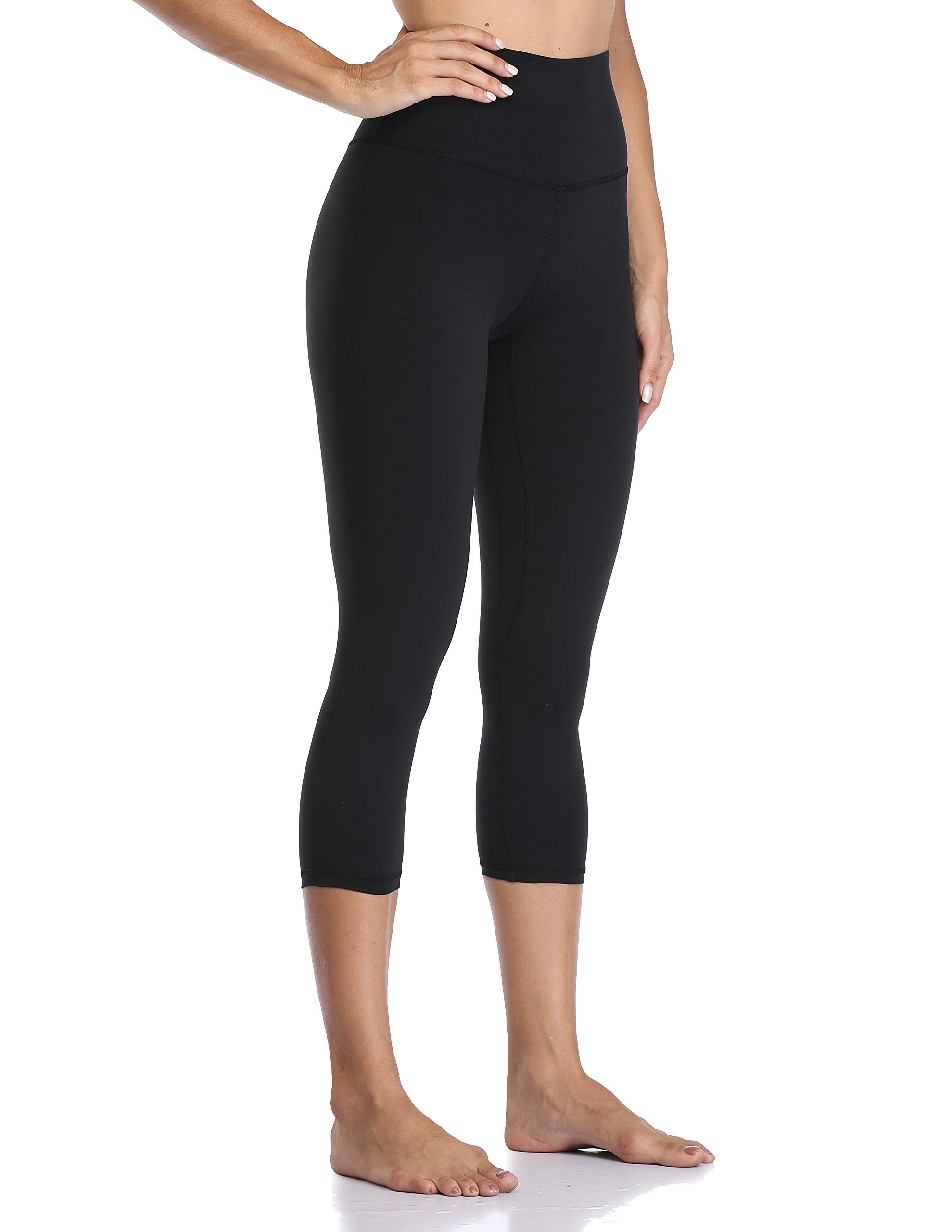 YUNOGA Women's Buttery Soft 21" Inseam Yoga Pants, High Waisted Tummy Control Workout Running Capri Leggings (L, Black)