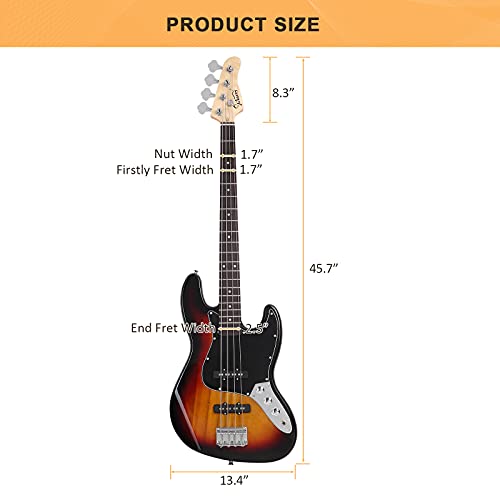 GLARRY 4 String GJazz Electric Bass Guitar Full Size Right Handed with Guitar Bag, Amp Cord and Beginner Kits (Sunset)