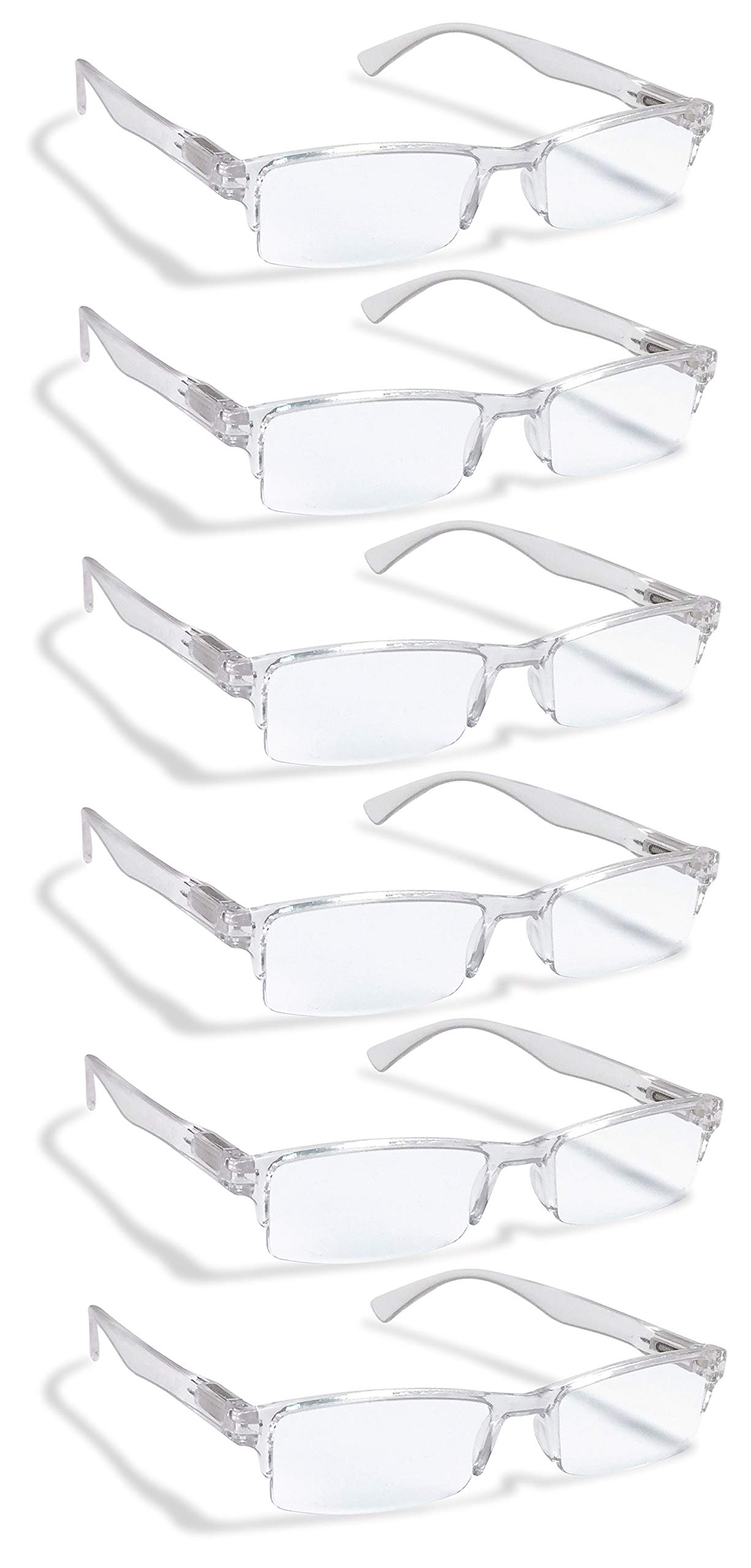 Boost Eyewear 6 Pack Reading Glasses, Clear Half Rim Frames, for Men and Women, with Comfort Spring Loaded Hinges, Clear, 6 Pairs (+1.75)