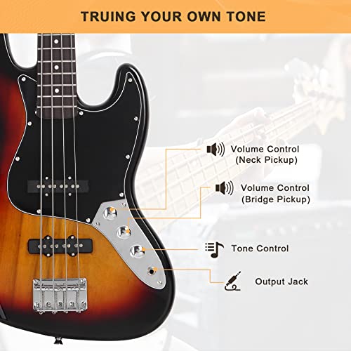 GLARRY 4 String GJazz Electric Bass Guitar Full Size Right Handed with Guitar Bag, Amp Cord and Beginner Kits (Sunset)