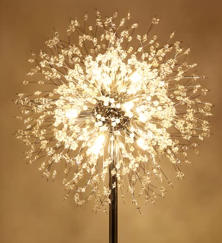 Modern Crystal Floor Lamp, BIGMAII Starburst Firework Floor Lights Sputnik Dandelion LED Standing Lamp 8 Lights with Marble Base in Silver for Living Room Bedroom, 64.5"