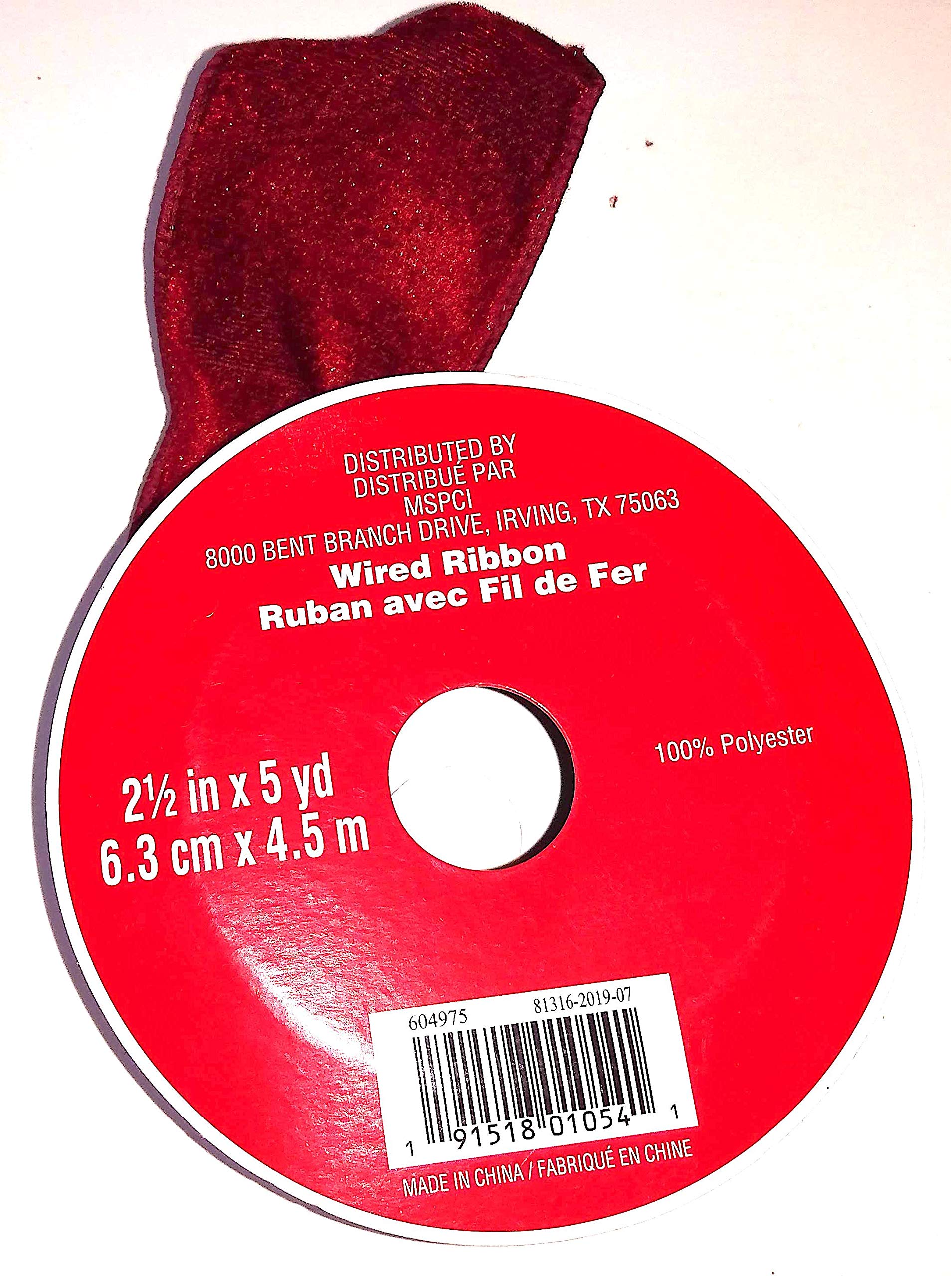 2.5 in. x 15 feet Burgandy Velvet Wired Ribbon ith foil edgew
