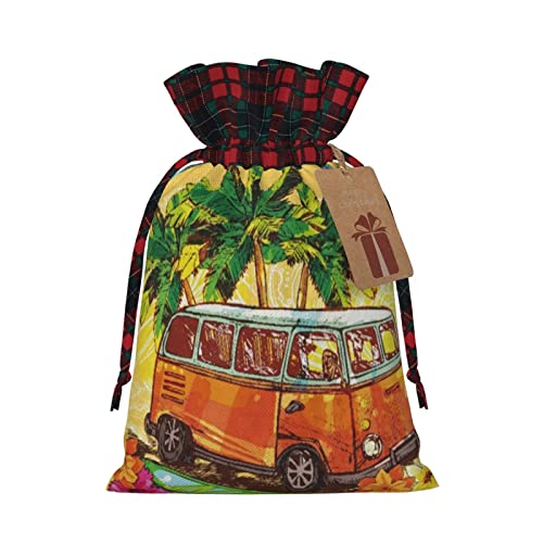 Allgobee Christmas Drawstring Gift Bags Vintage-Bus-Surfboard-Flower Buffalo Plaid Drawstring Bag Party Favors Bags