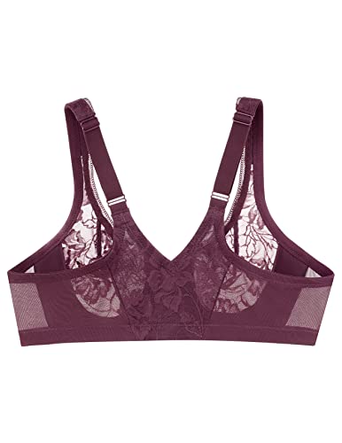 Glamorise Full Figure Plus Size Lacey T-Back Front-Closure Wonderwire Bra Underwire #9246 Black Plum