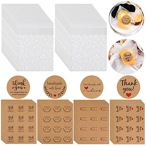Zonon 200 Pieces Clear Cookie Bags Self Adhesive Cellophane Treat Bags, White Polka Dot Frosted Candy Bags and 240 Pieces Thank You Love Sticker for Cookie Chocolate Jewelry