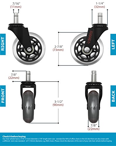 Professional Office Chair Caster Wheels Gift Set of 5 - Protect All Your Floors - 3'' Heavy Duty Replacement Rubber Chair Casters - Best Protection for Your Hardwood Floors