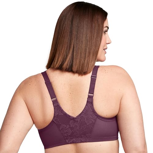 Glamorise Full Figure Plus Size Lacey T-Back Front-Closure Wonderwire Bra Underwire #9246 Black Plum