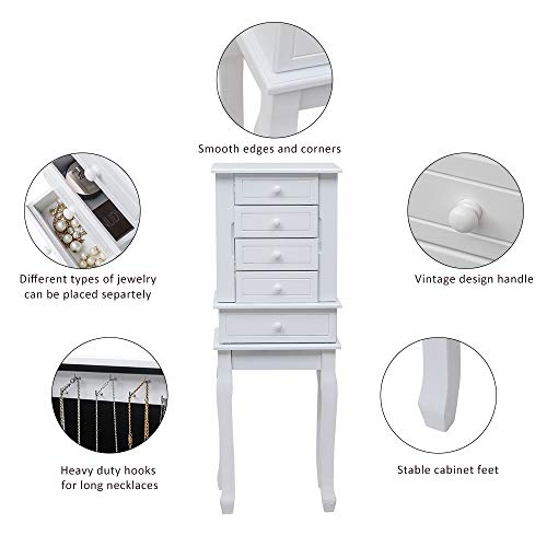 WEI WEI GLOBAL Standing Jewelry Armoire w/Top Flip Makeup Mirror, Wooden Jewelry Cabinet Chest Organizer, Stand Up Storage Display Box- 5 Drawers & 14 Necklace Hooks, White