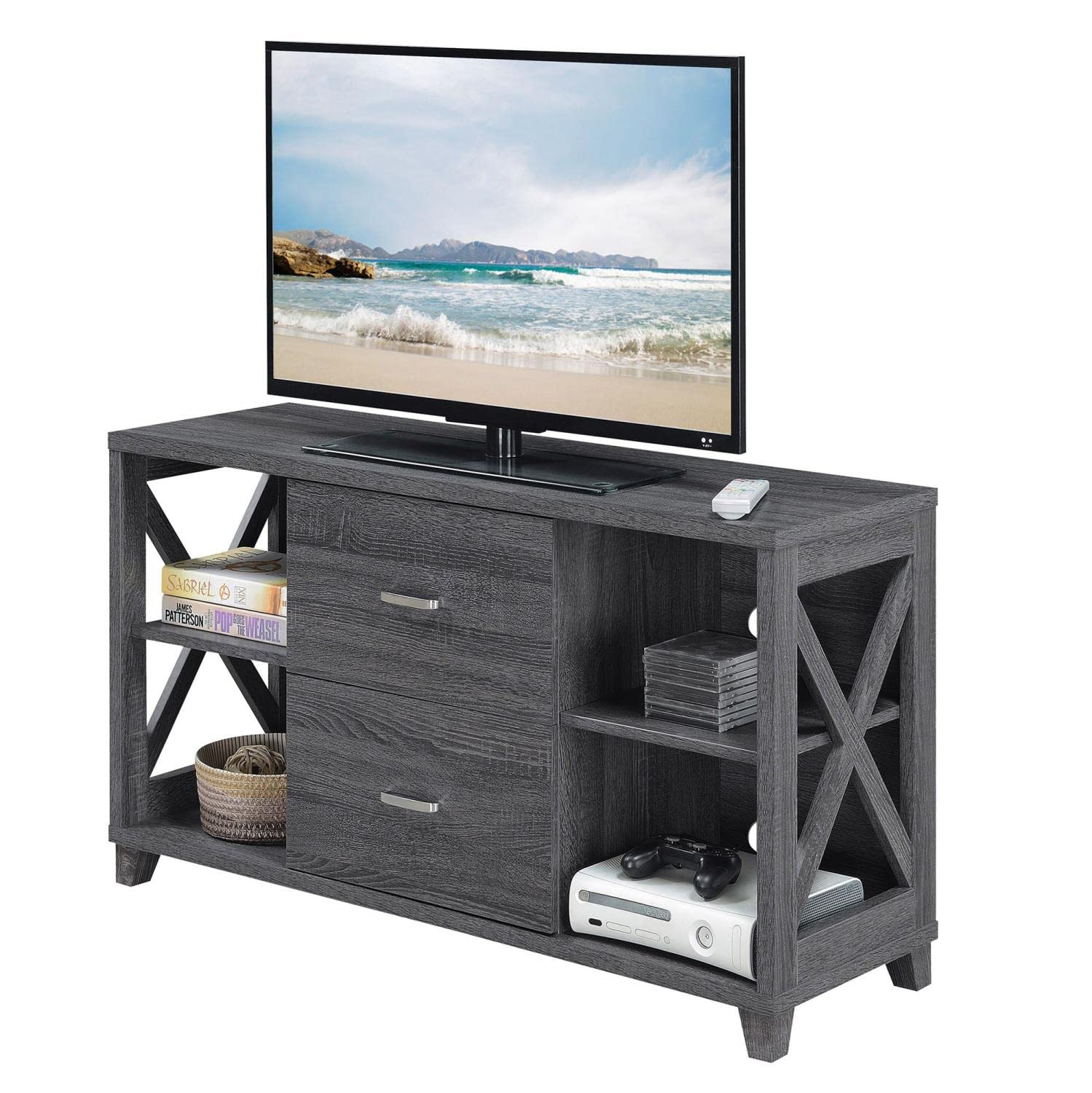 Convenience Concepts Oxford Deluxe 2 Drawer TV Stand with Shelves for TVs up to 55 Inches, Weathered Gray