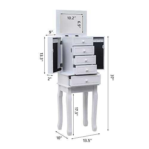 WEI WEI GLOBAL Standing Jewelry Armoire w/Top Flip Makeup Mirror, Wooden Jewelry Cabinet Chest Organizer, Stand Up Storage Display Box- 5 Drawers & 14 Necklace Hooks, White